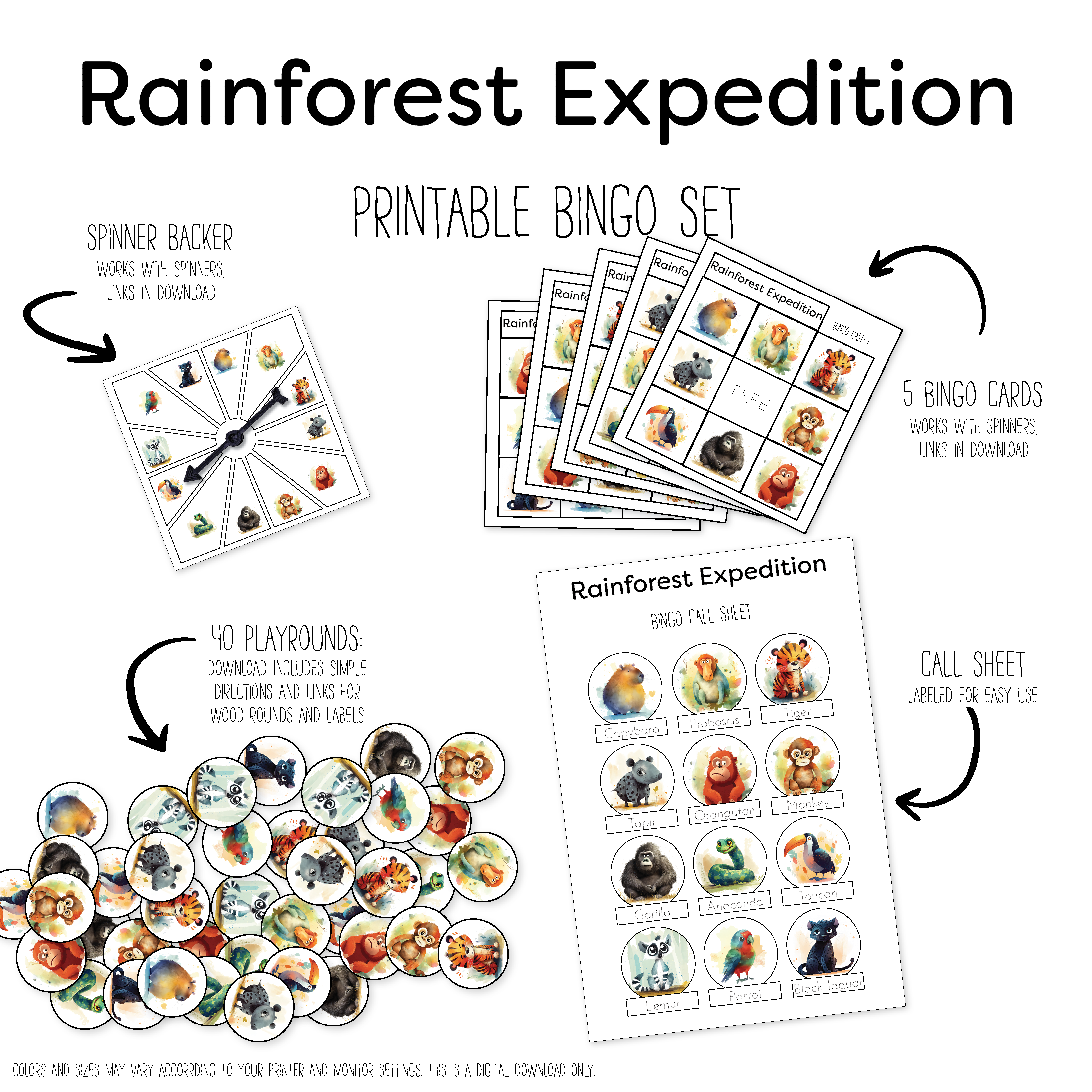 Jungle Animals- Rainforest Bingo Game Pack-Print and Cut – Practically ...